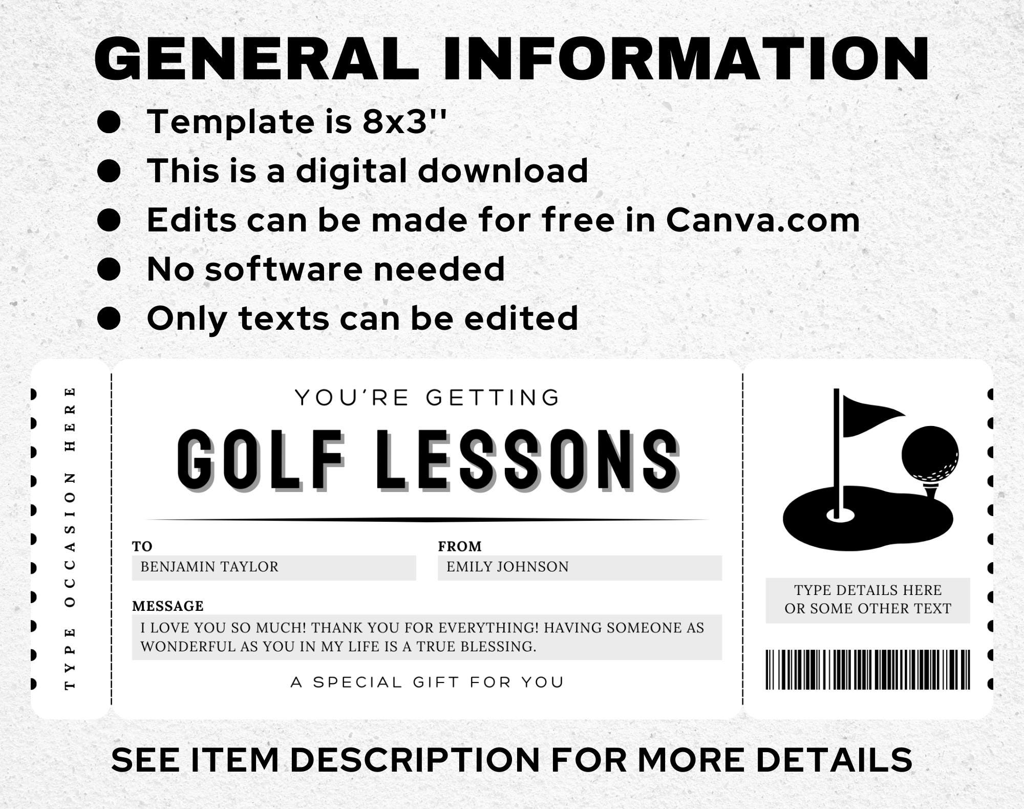 Golf Lesson Gift Voucher Template Editable Golfing Lesson Ticket ...
