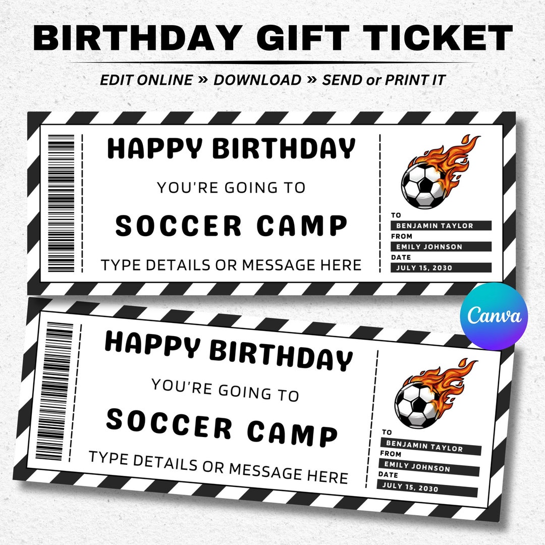 Birthday Soccer Camp Gift Voucher Ticket Template Surprise Soccer Camp ...
