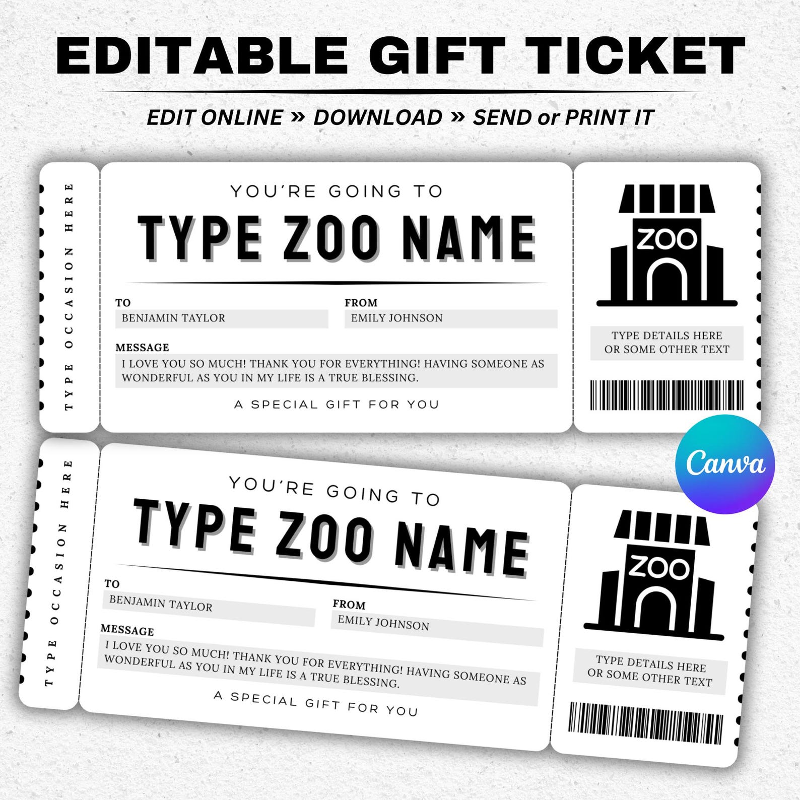 Zoo Gift Voucher Template Editable Zoo Trip Ticket Template Printable ...