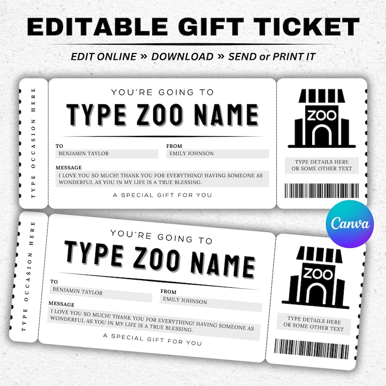 Zoo Gift Voucher Template Editable Zoo Trip Ticket Template Printable ...