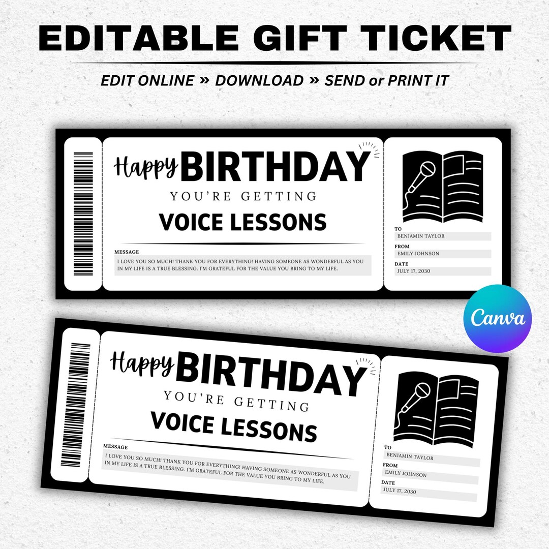 Editable Birthday Voice Lessons Gift Ticket Template Surprise Singing ...