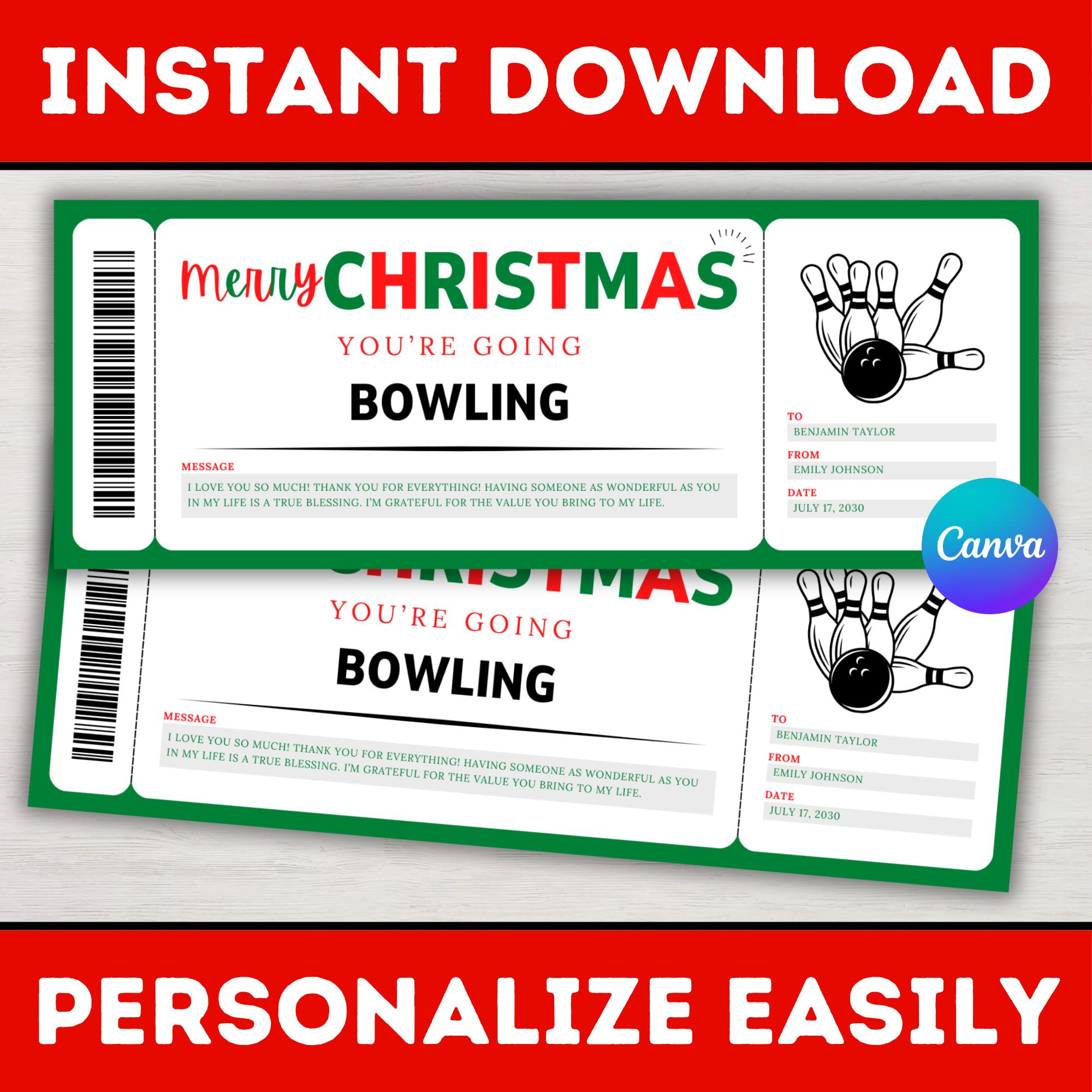 Editable Christmas Bowling Gift Ticket Template - Christmas Surprise ...