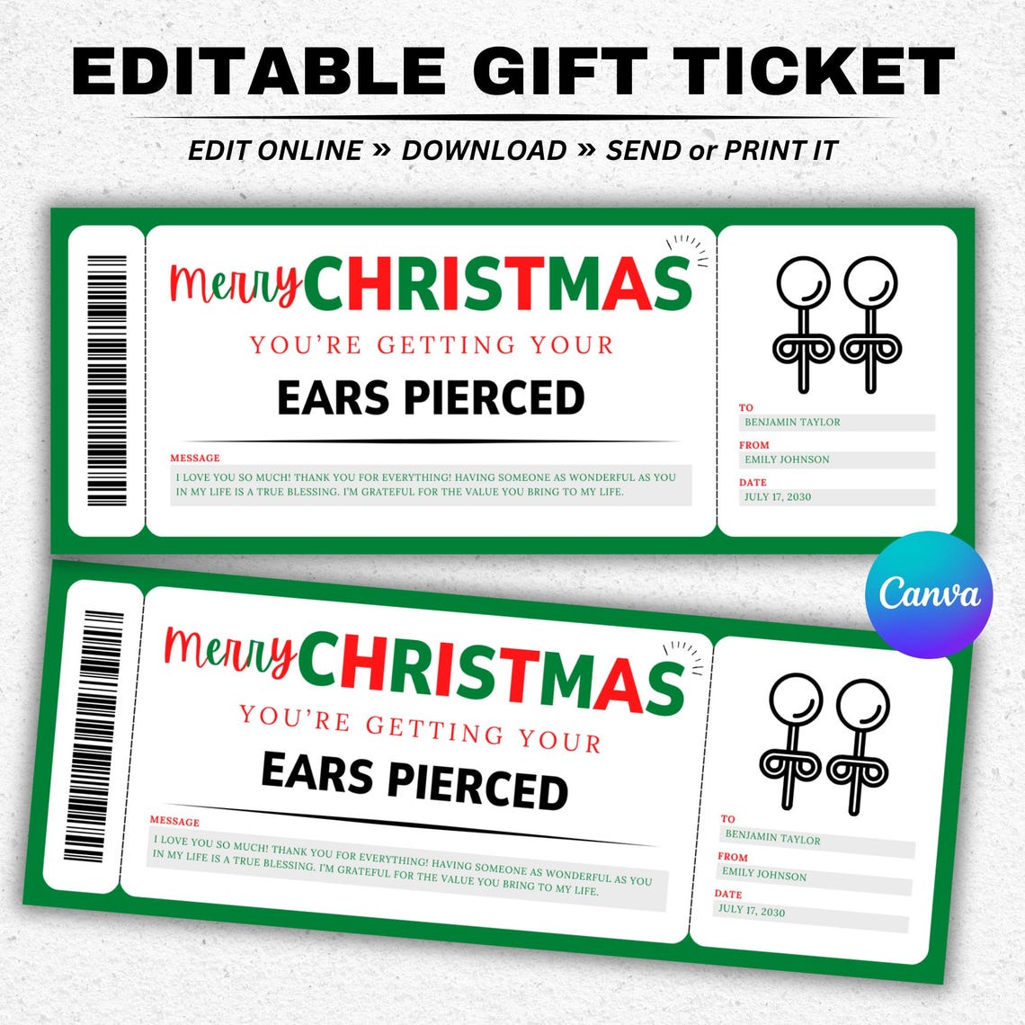 Editable Christmas Ear Piercing Gift Ticket Template Christmas Surprise ...