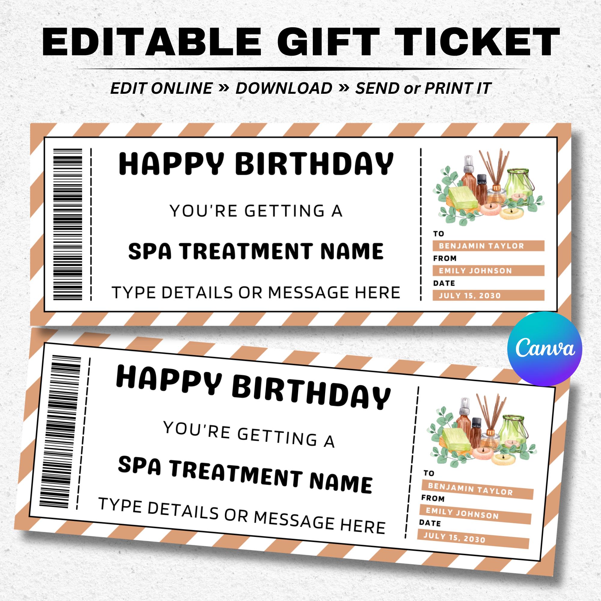 Birthday Spa Gift Voucher Ticket Template Surprise Spa Facial Body Wrap ...