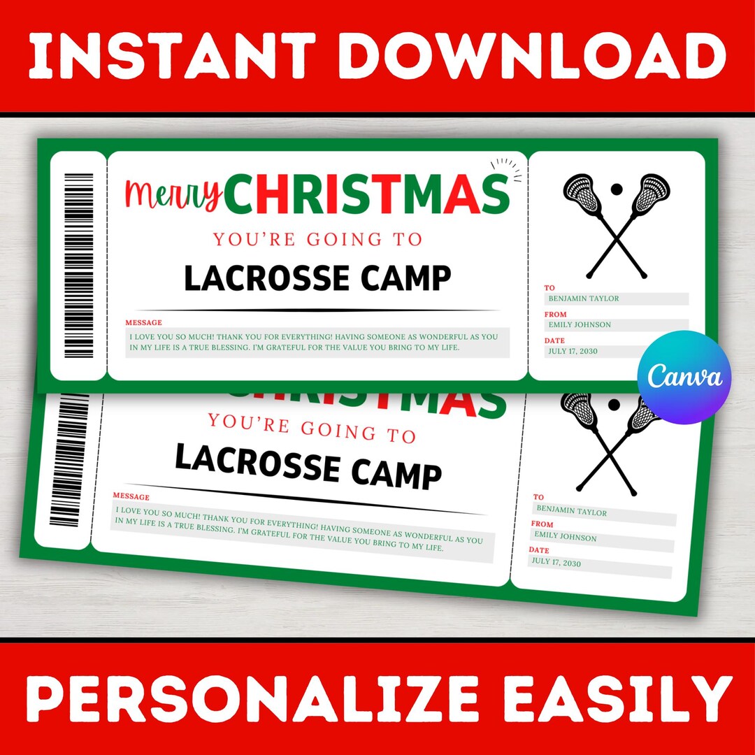 Editable Christmas Lacrosse Camp Gift Ticket Template - Christmas ...