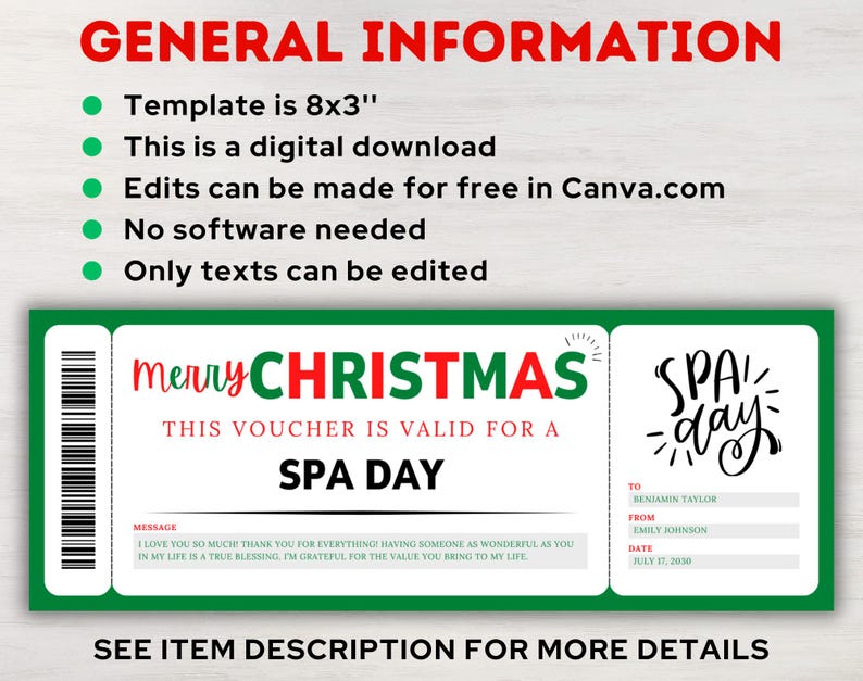 Editable Christmas Spa Day Gift Ticket Template Christmas Surprise Spa ...