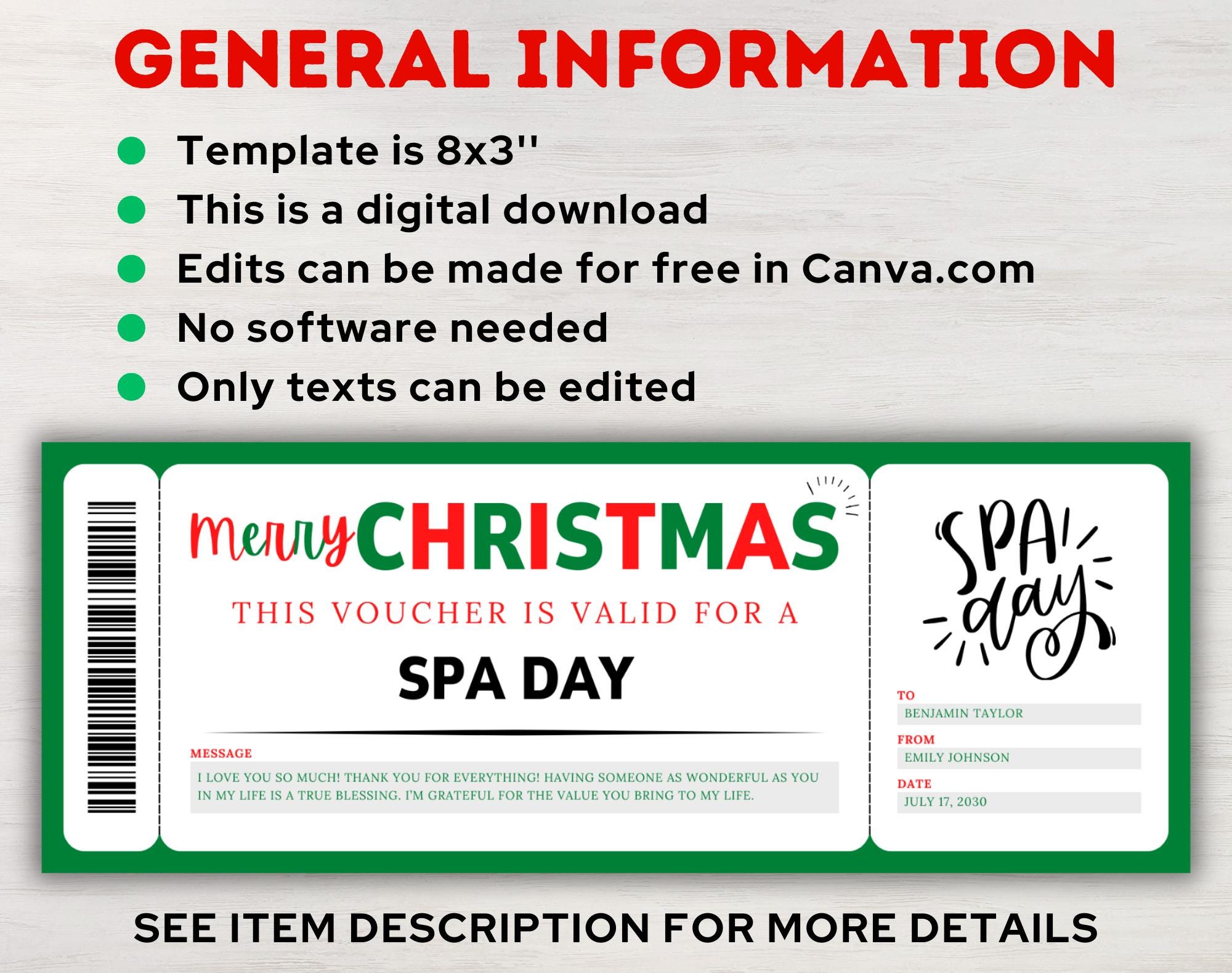Editable Christmas Spa Day Gift Ticket Template Christmas Surprise Spa ...