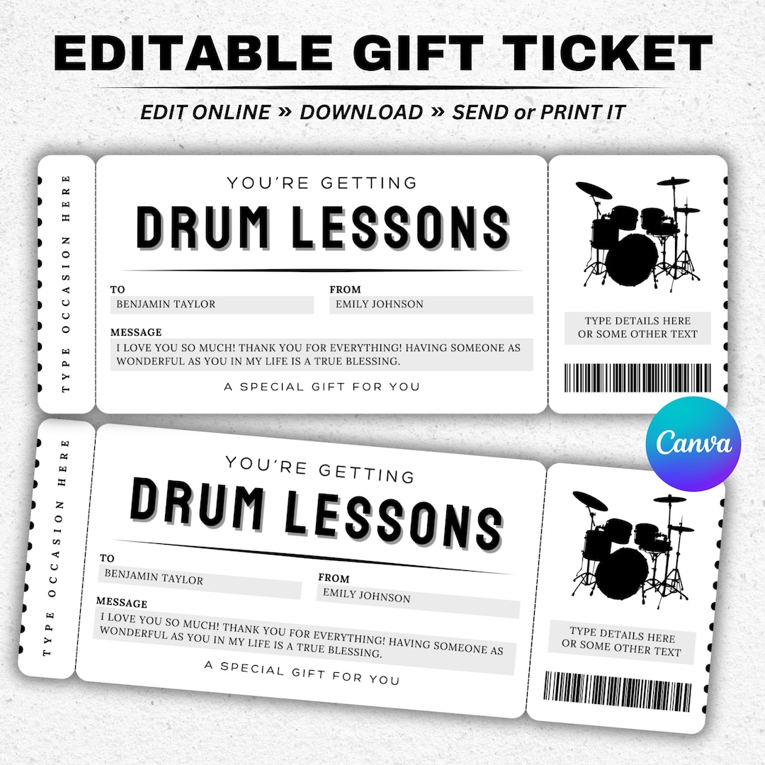 Drum Lessons Gift Voucher Template Editable Music Drumming Class Ticket ...