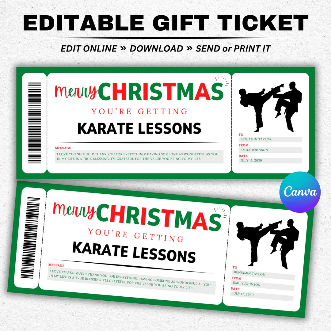 Editable Christmas Karate Lessons Gift Ticket Template Christmas ...