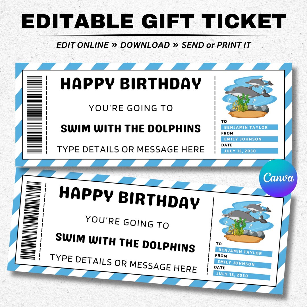 Birthday Swim With a Dolphin Gift Voucher Ticket Template - Surprise ...