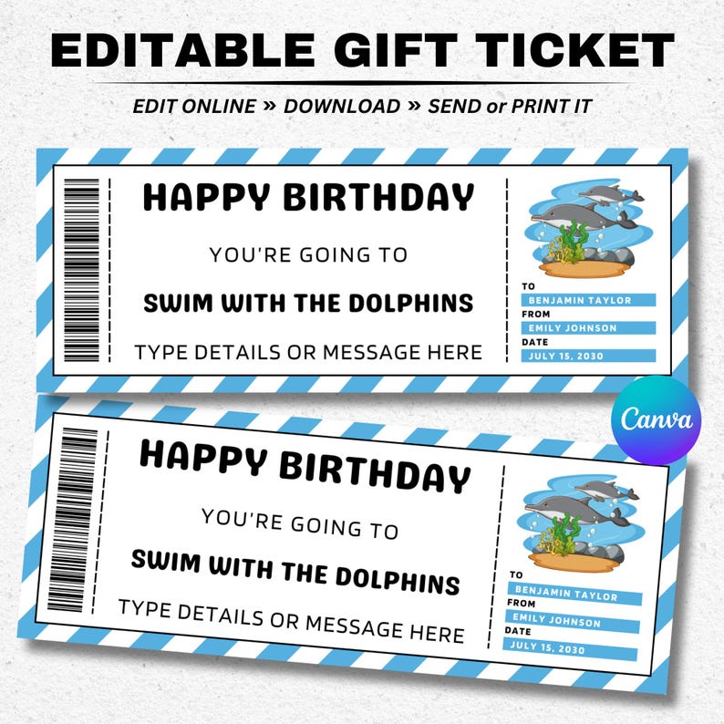 Birthday Swim With a Dolphin Gift Voucher Ticket Template - Surprise ...