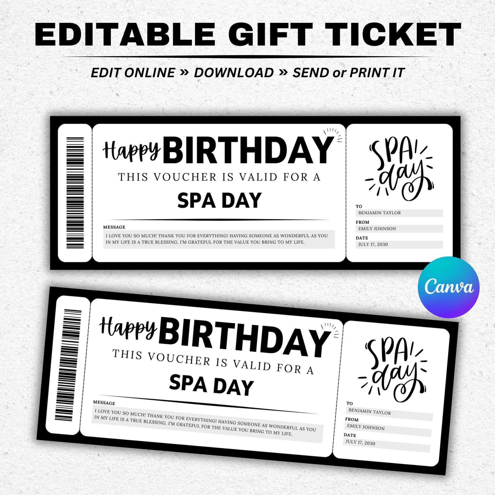 Editable Birthday Spa Day Gift Ticket Template Surprise Spa Wellness ...