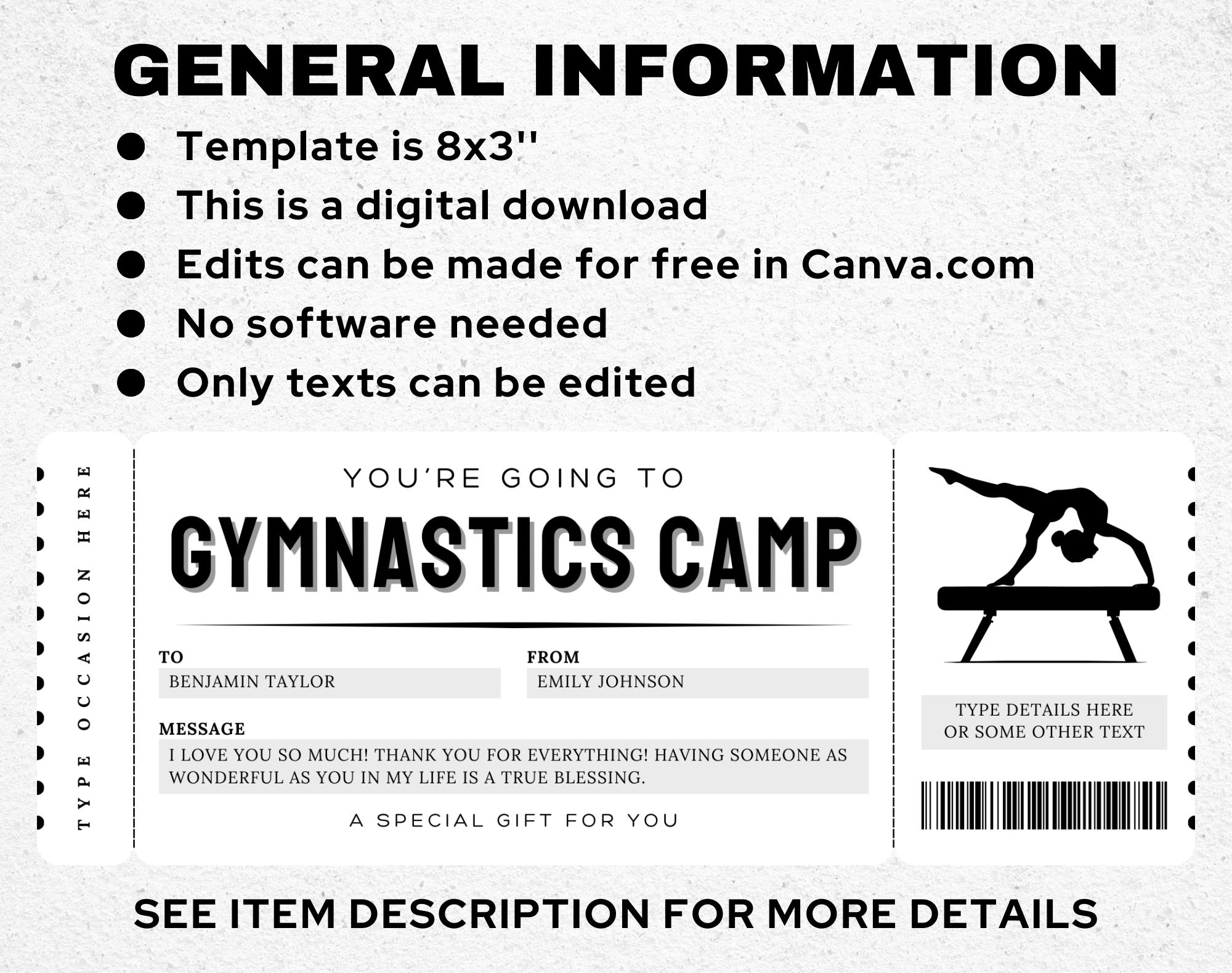 Gymnastics Camp Gift Voucher Template Editable Gymnastics Lessons ...