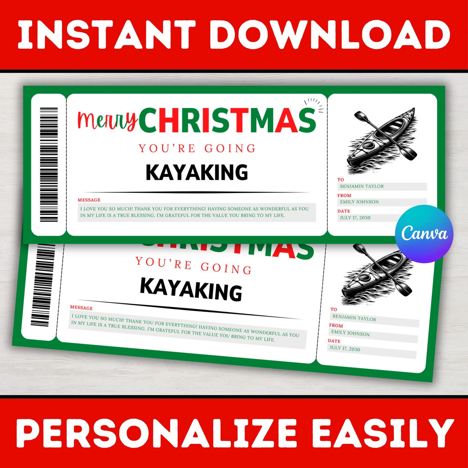 Editable Christmas Kayaking Gift Ticket Template - Christmas Surprise ...