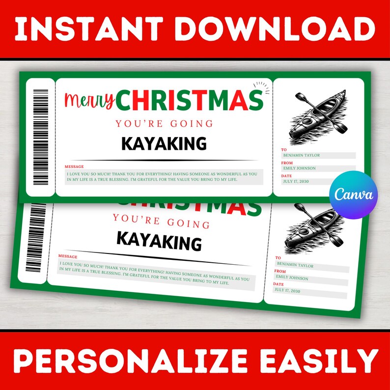 Editable Christmas Kayaking Gift Ticket Template - Christmas Surprise ...