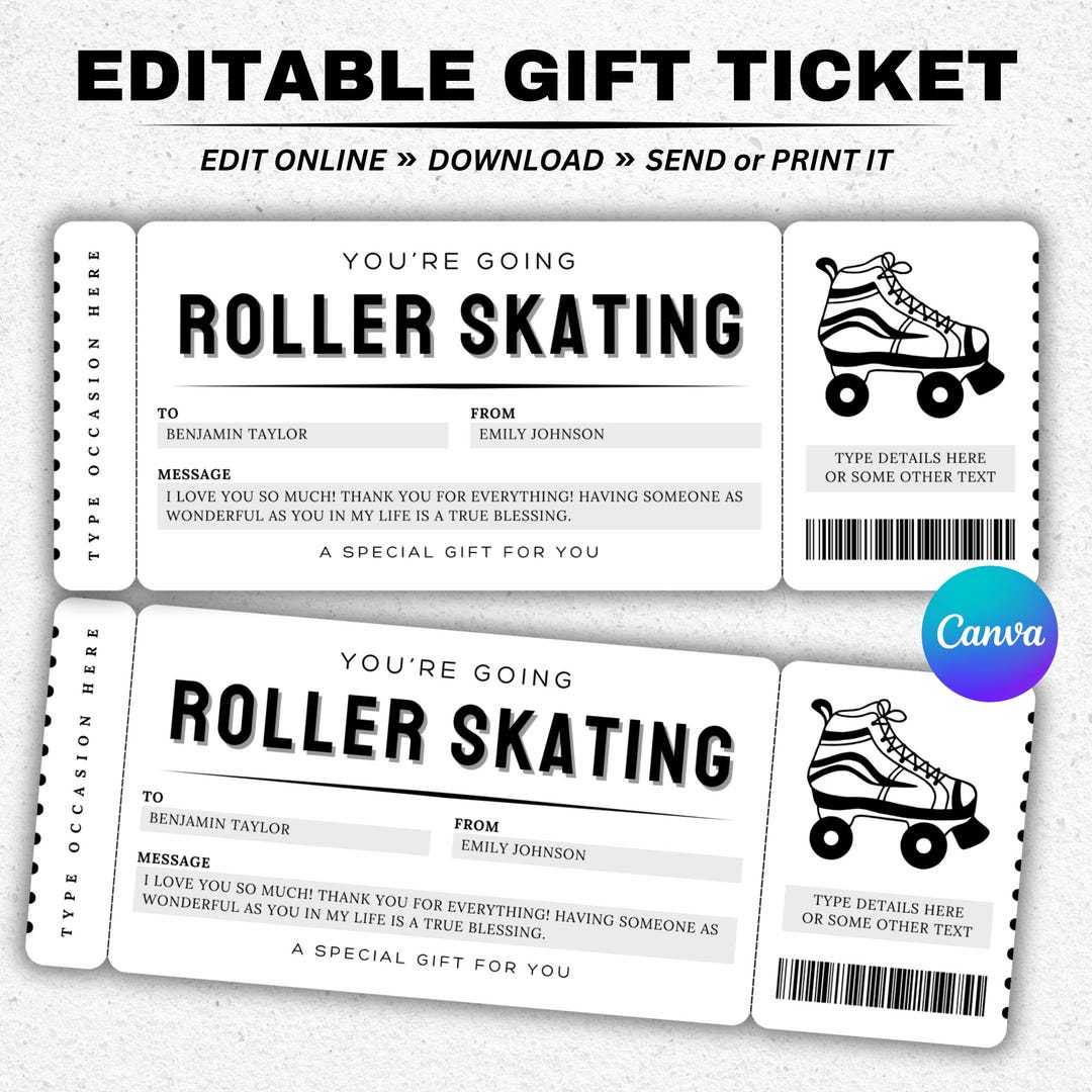 Roller Skating Gift Voucher Template Editable Roller Skate Lessons ...