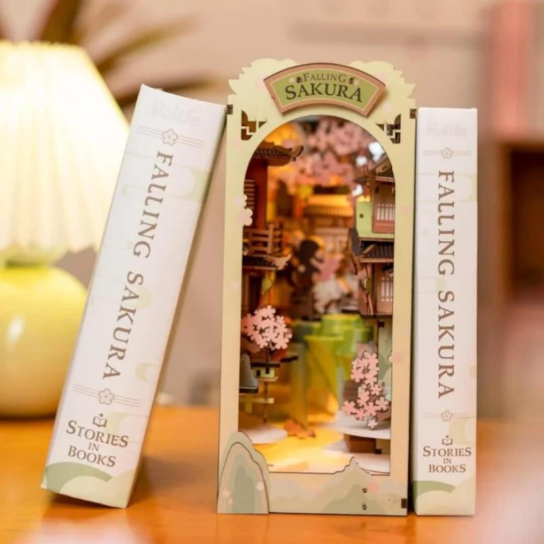 Rolife Falling Sakura Book Nook – DIY Dollhouse Bookend Kit With LED ...