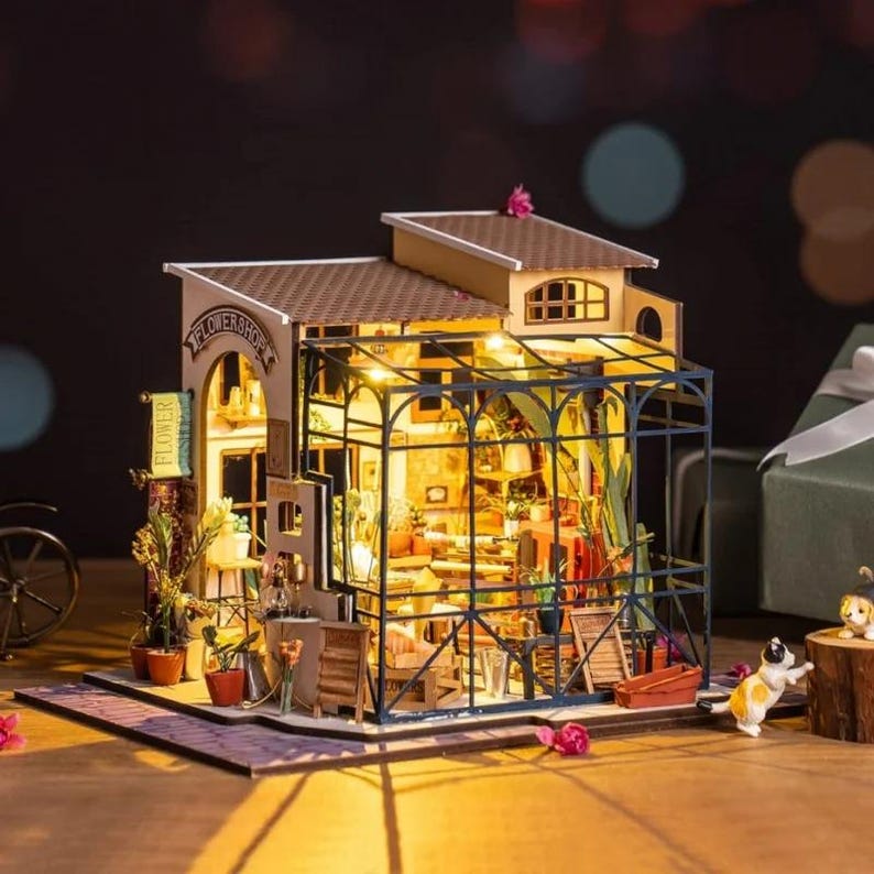 Emily's Flower Shop DIY Miniature Dollhouse Kit - 1:24 Scale Craft Kit ...