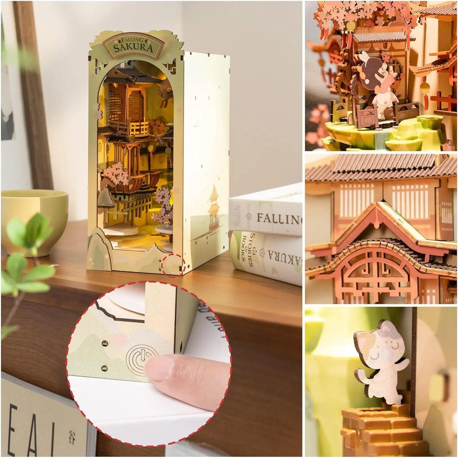 Rolife Falling Sakura Book Nook – DIY Dollhouse Bookend Kit With LED ...