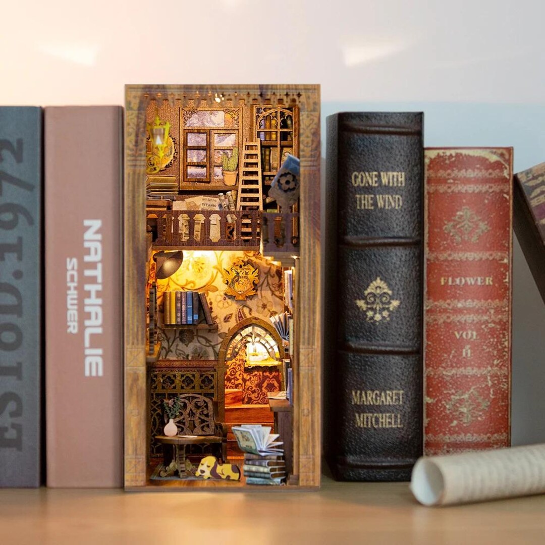 DIY Miniature House Book Nook Kit: Wooden Bookshelf Insert & Bookend ...
