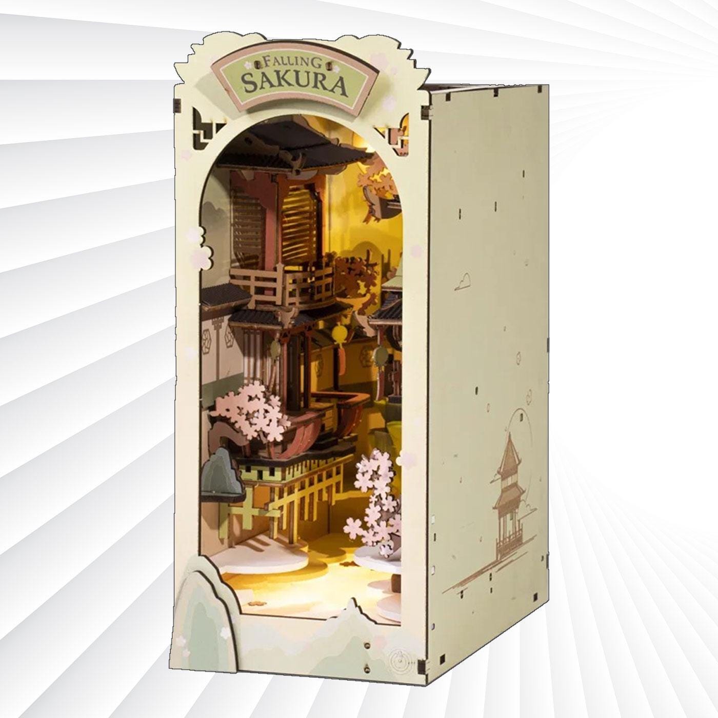 Rolife Falling Sakura Book Nook – DIY Dollhouse Bookend Kit With LED ...