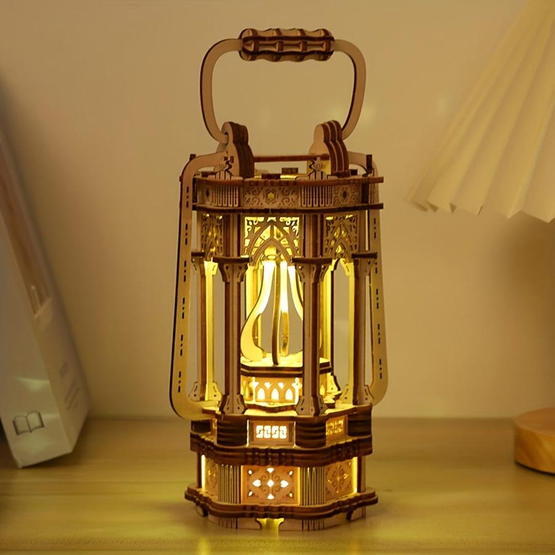 3D Wooden Vintage Lantern Puzzle Kit: Rotating LED Desk Decor - Etsy