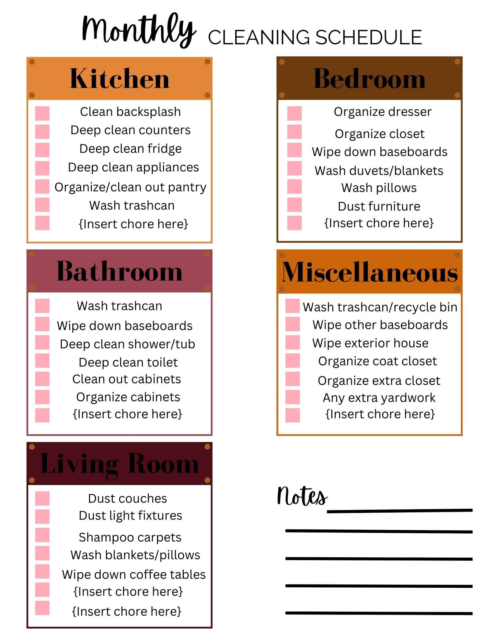 Monthly Cleaning Schedule Checklist Editable Printable - Etsy