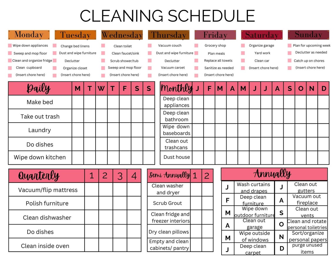 EDITABLE Cleaning Schedule | Checklist | Cleaning Planner | Printable ...