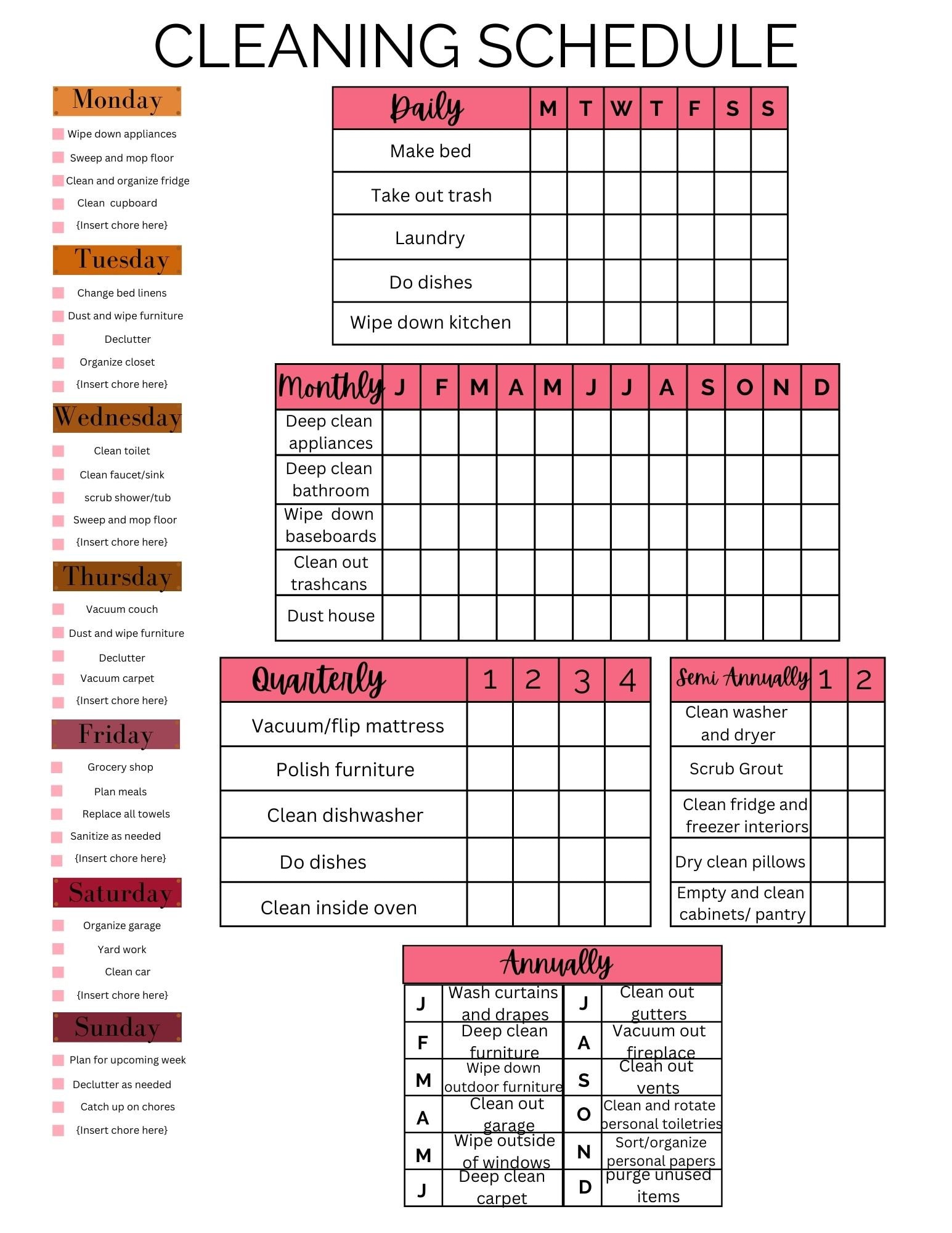 EDITABLE Cleaning Schedule | Checklist | Cleaning Planner | Printable ...
