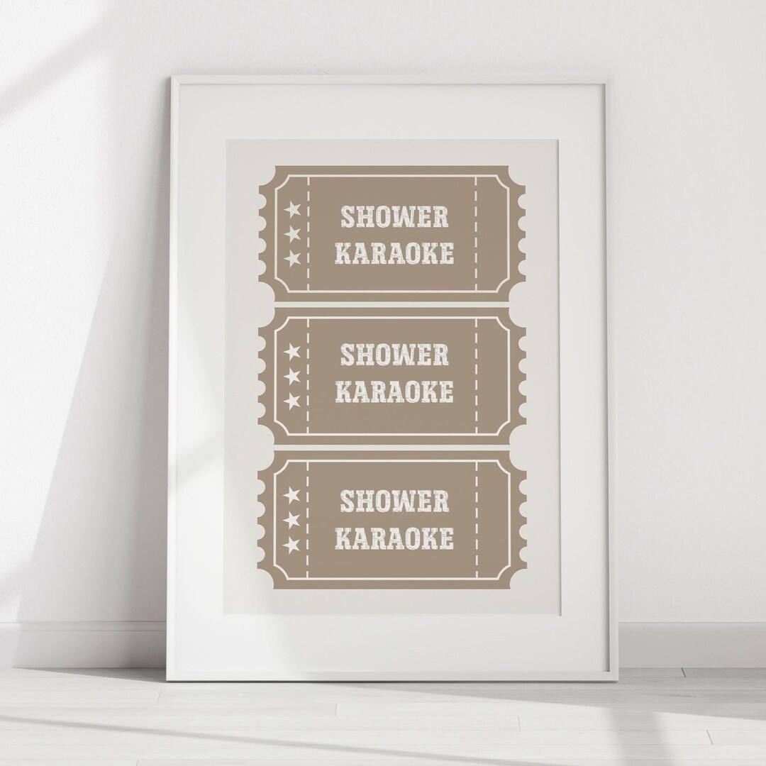 Funny Beige Bathroom Poster - Shower Karaoke Retro Ticket Print Digital ...