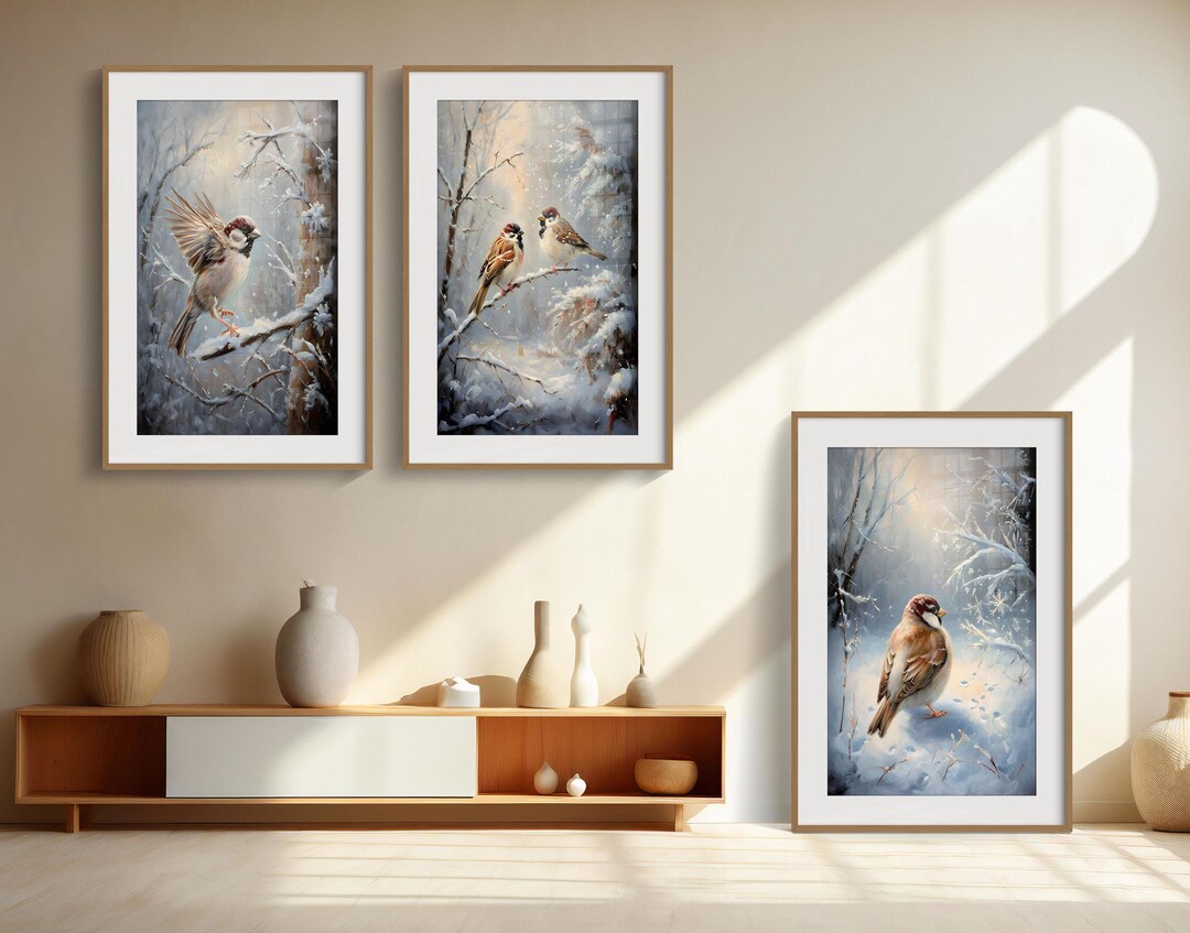 3 Piece Wall Art Birds. Vintage Christmas Prints. Triptych Wall Art ...