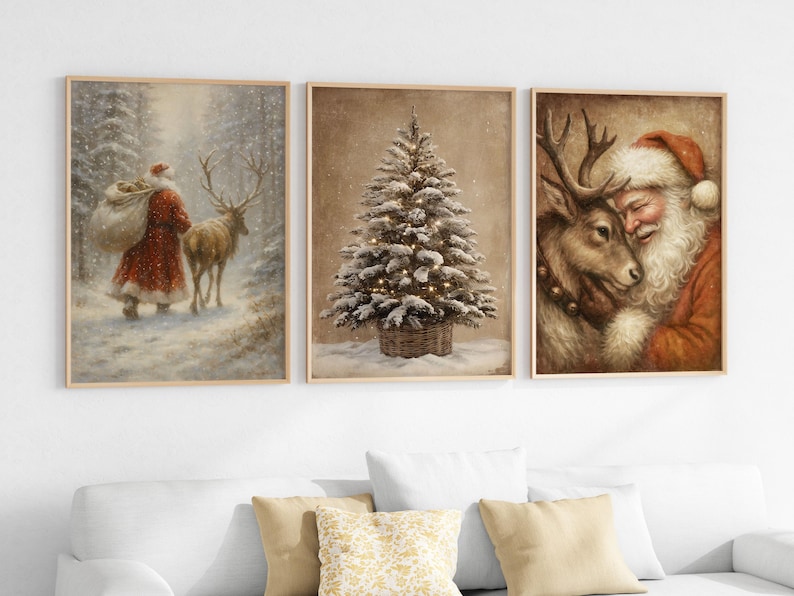 Vintage Christmas Triptych Wall Art | Santa & Reindeer Print Set ...