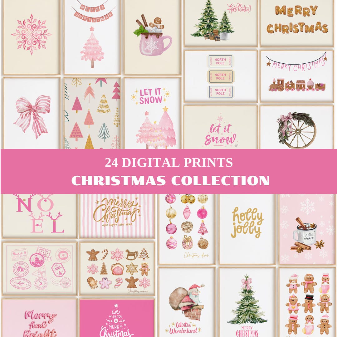 Pink Christmas Printables Set of 24 Wall Art. Winter Holiday Poster ...