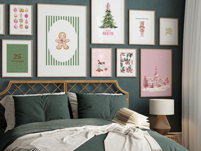 Pink & Green Christmas Wall Art Set of 50 Prints - Pastel Winter ...