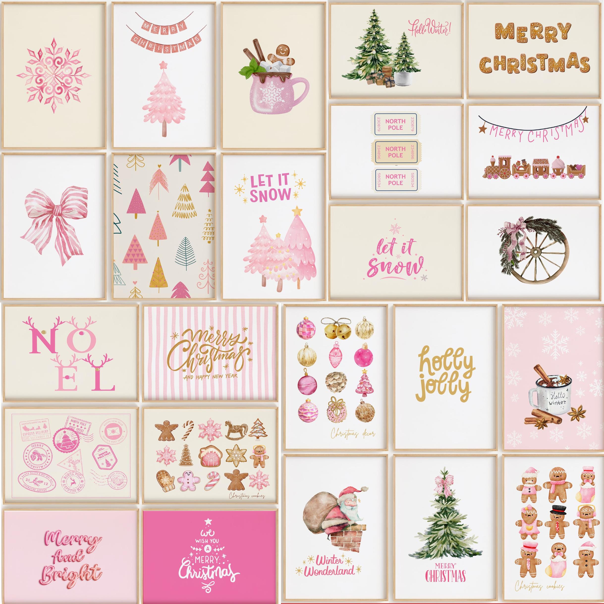 Pink & Green Christmas Wall Art Set of 50 Prints - Pastel Winter ...
