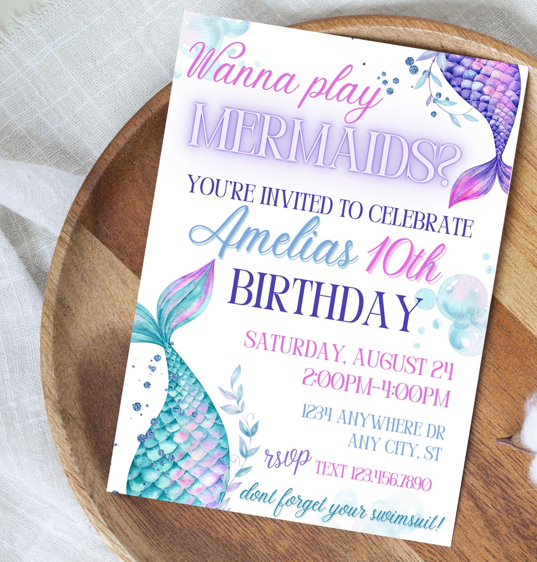Mermaid Birthday Invitation, Wanna Play Mermaids Birthday Invite, Girl ...