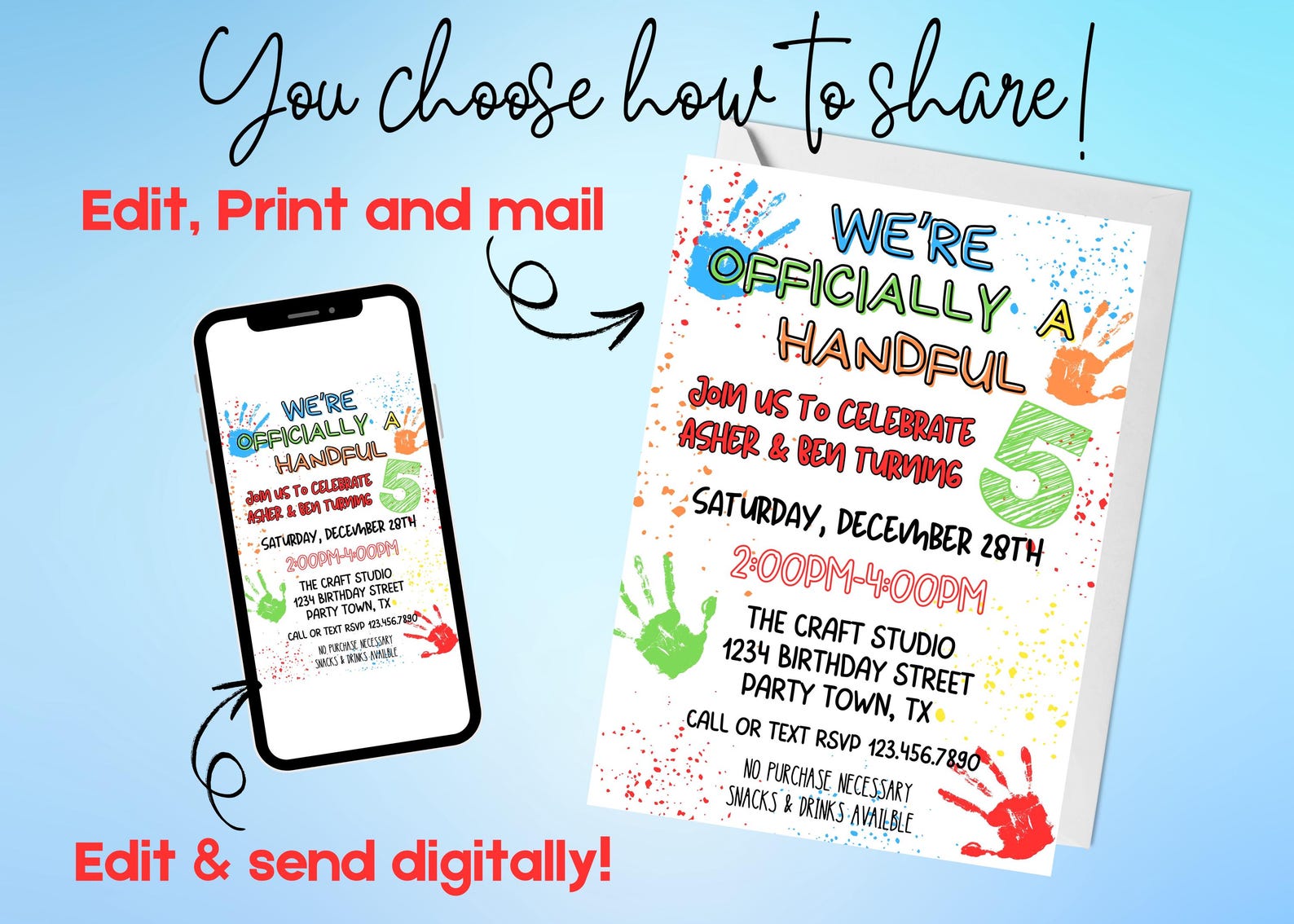 Animated Twin Boy 5th Birthday Invitation: Fingerpaint Design (digital ...