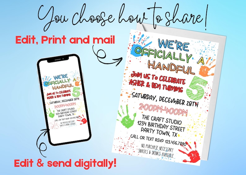 Animated Twin Boy 5th Birthday Invitation: Fingerpaint Design (digital ...