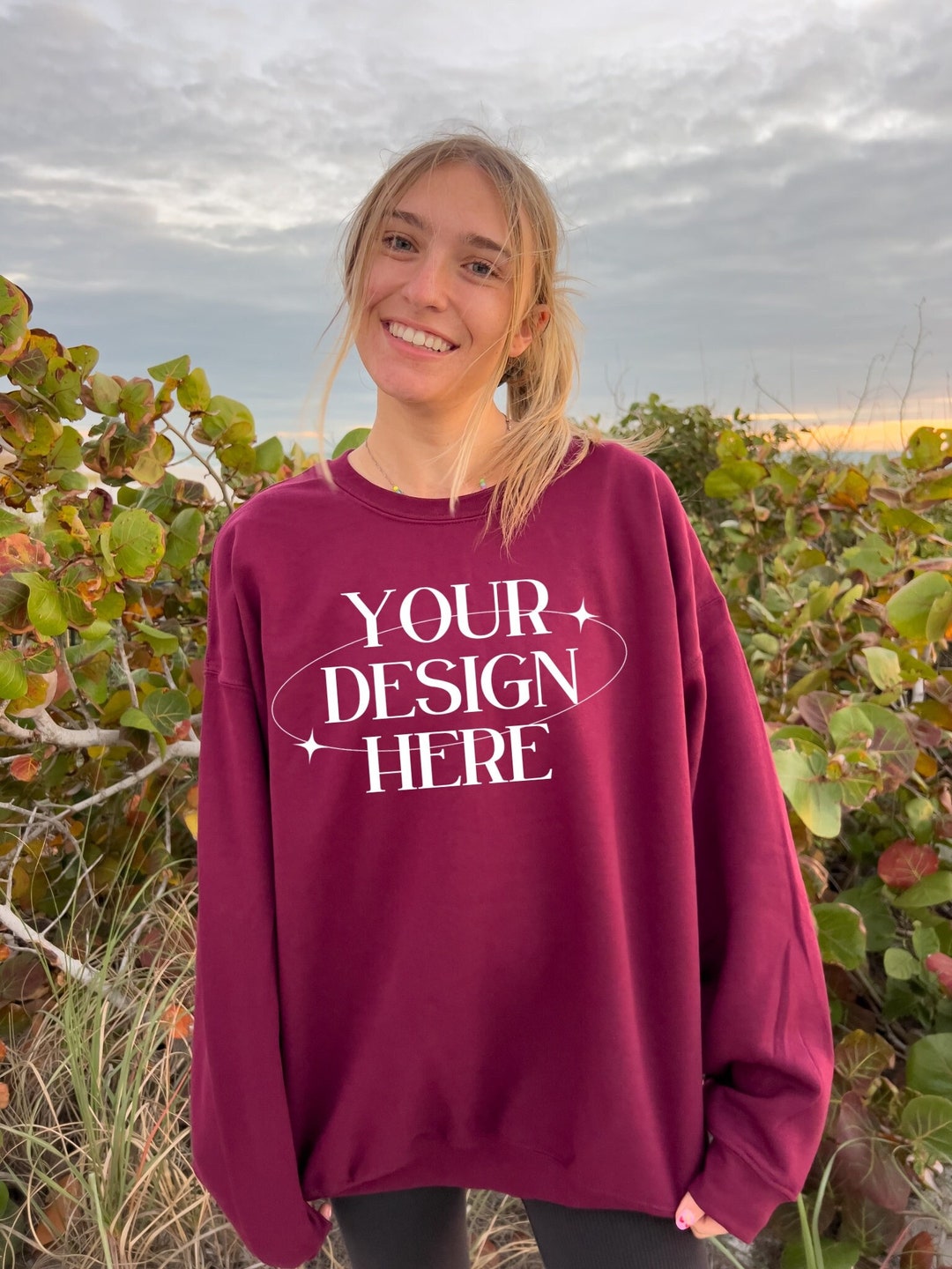 Gildan 18000 Maroon Mockup, Beach Mockup, Outdoor Mockup, Maroon ...