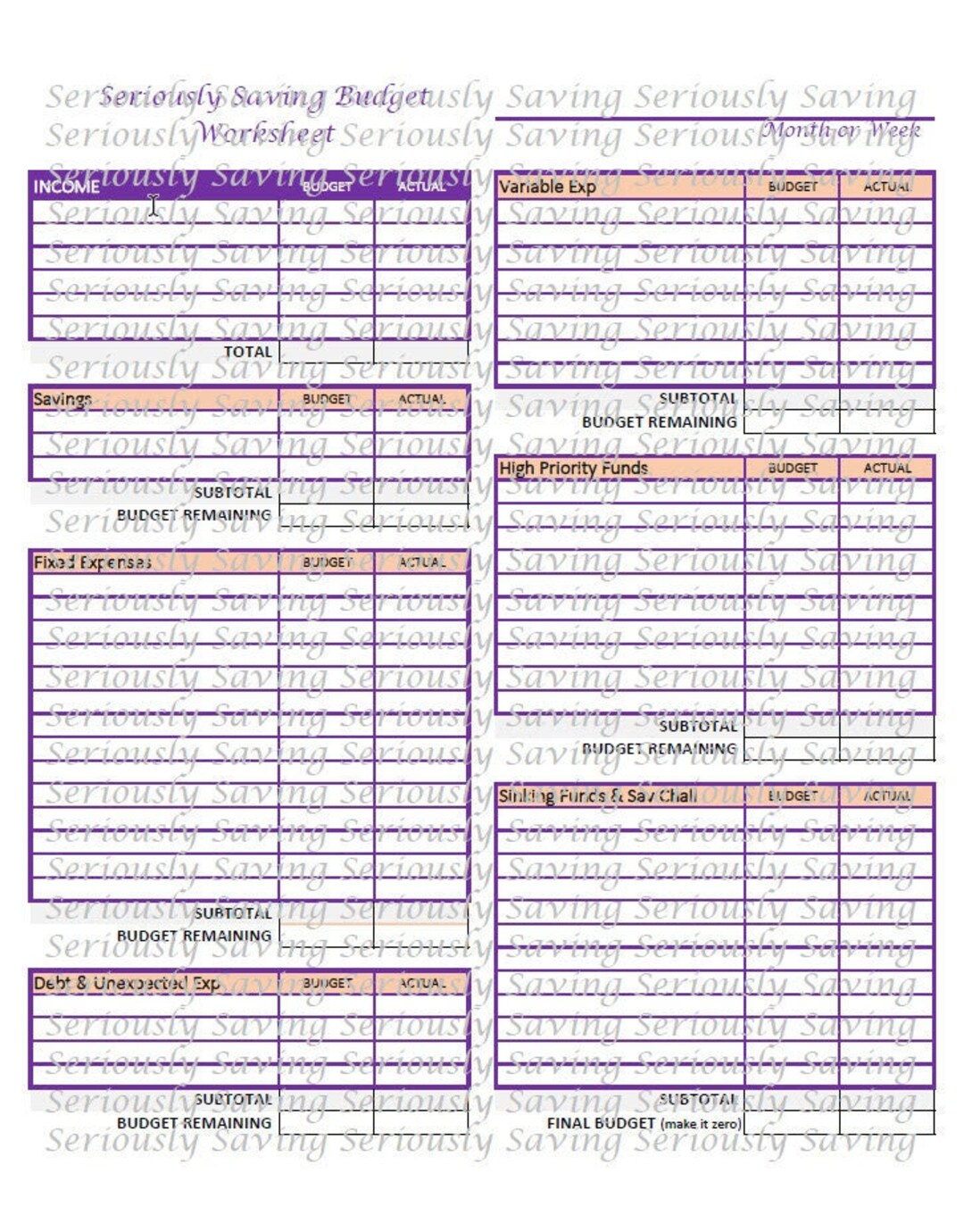 Seriously Saving Budget Worksheet - Etsy
