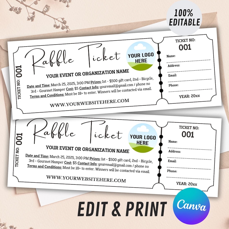 Custom Raffle Ticket Template, Editable Event Ticket, Printable ...