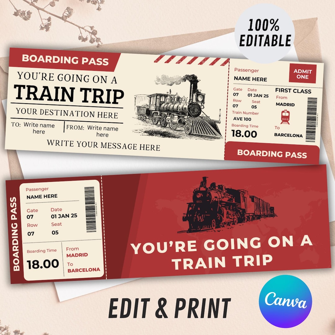 Editable Train Ticket Template, Personalized Travel Gift (printable) - Etsy