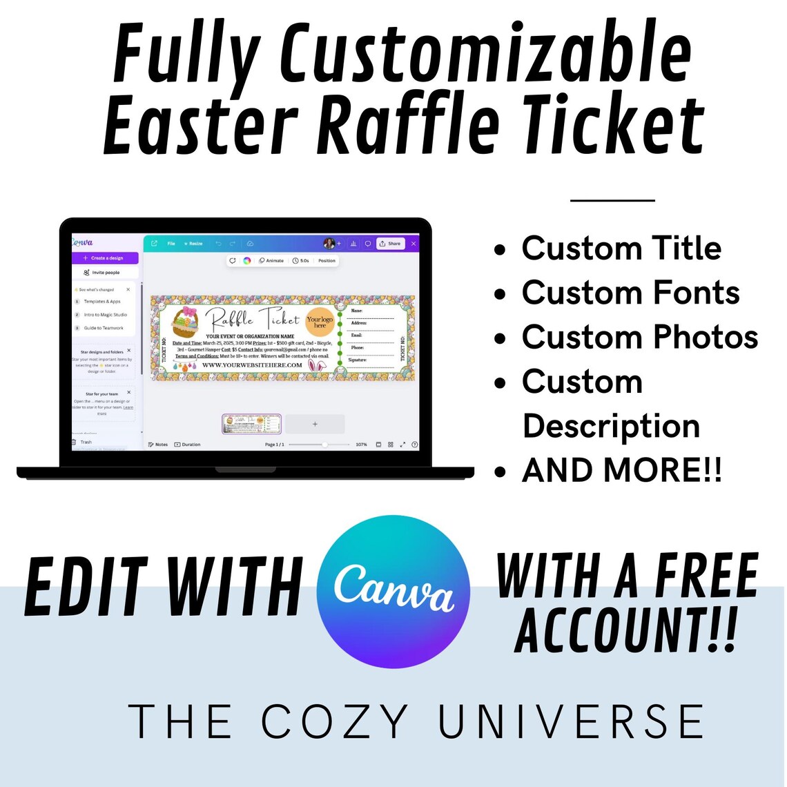 Easter Raffle Ticket Template, Custom DIY Event Ticket, Printable ...