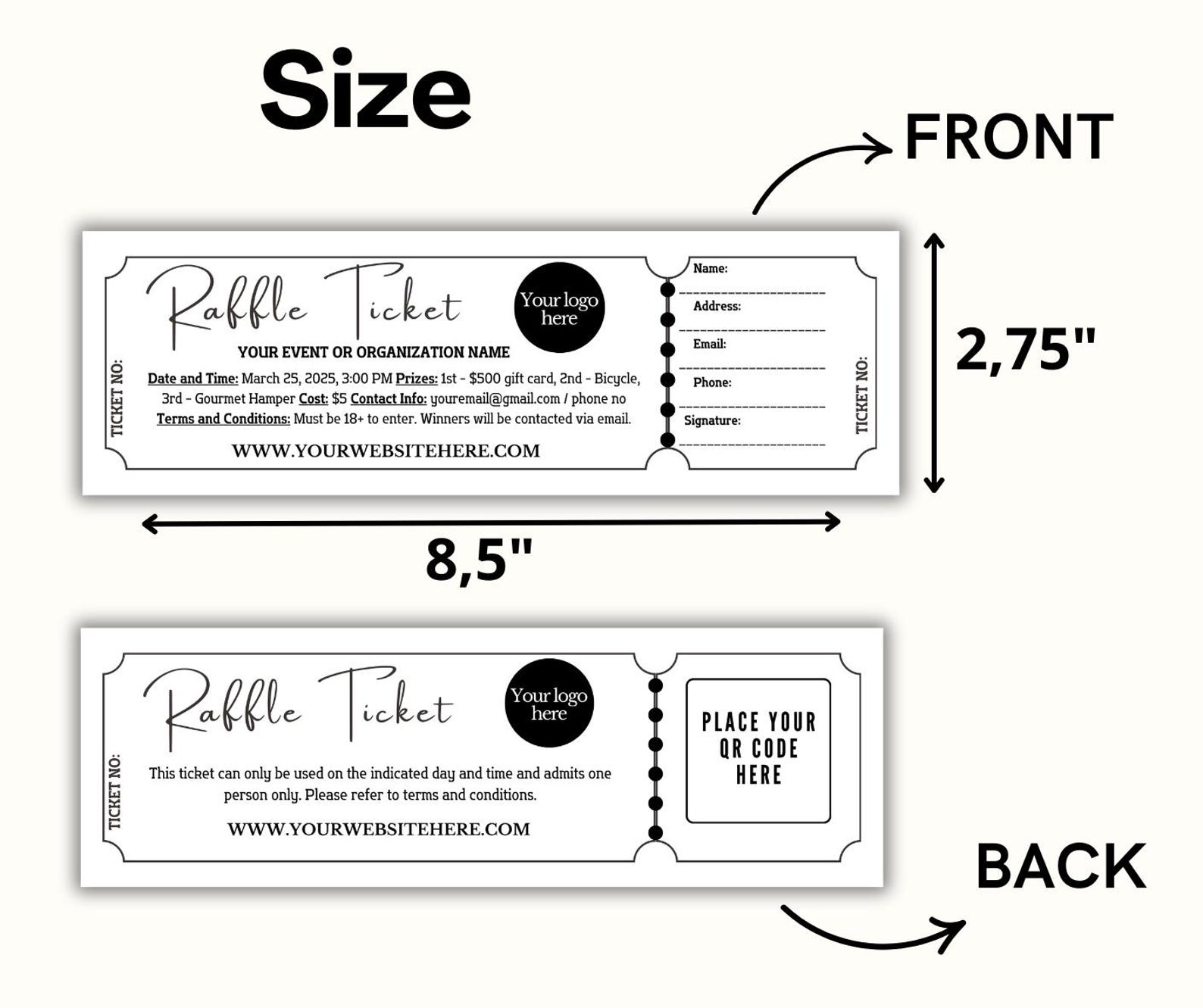 Editable Raffle Event Ticket Template, Raffle Ticket Form, Custom DIY ...
