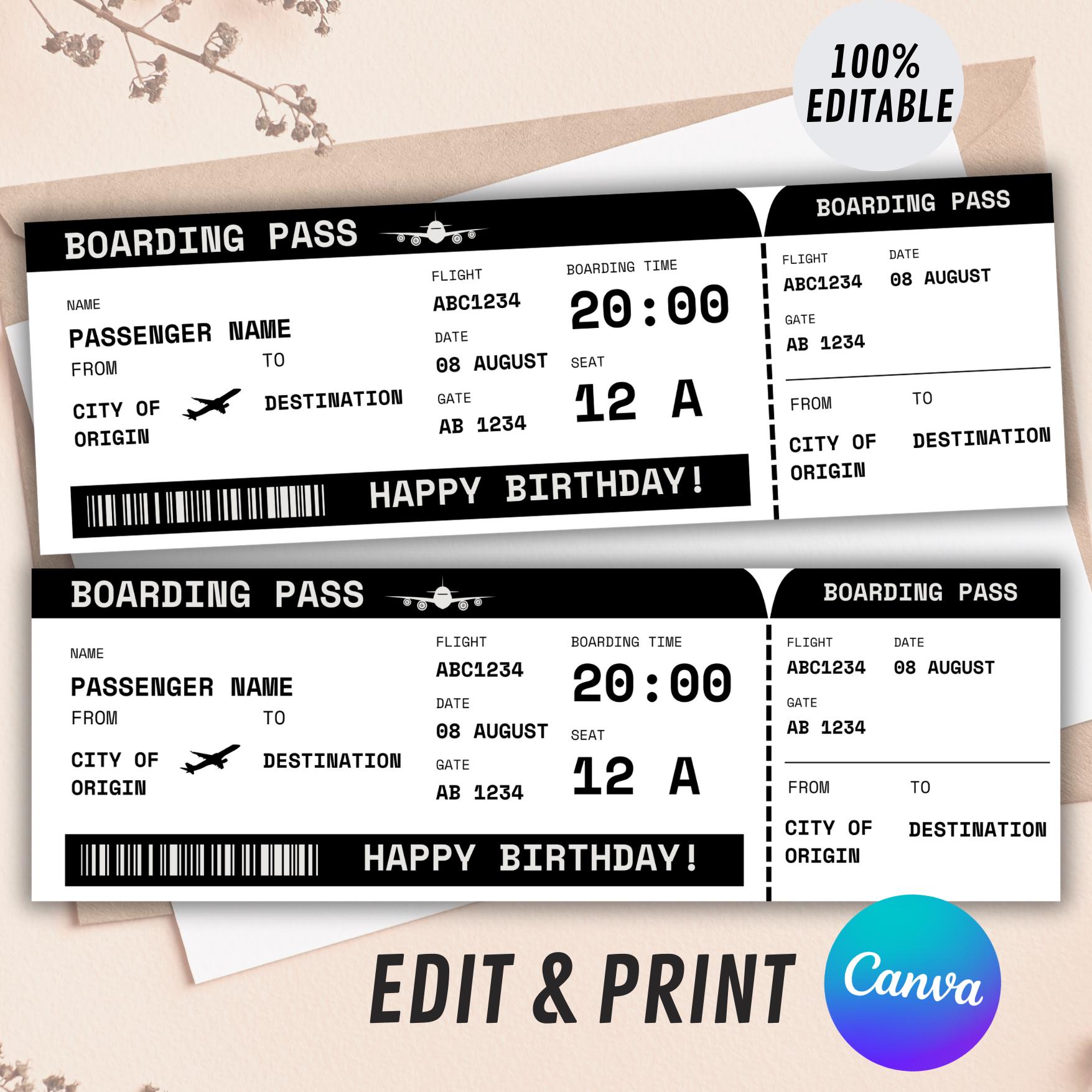 Printable Boarding Pass Airline Ticket, Flight Tickets, Editable Custom ...