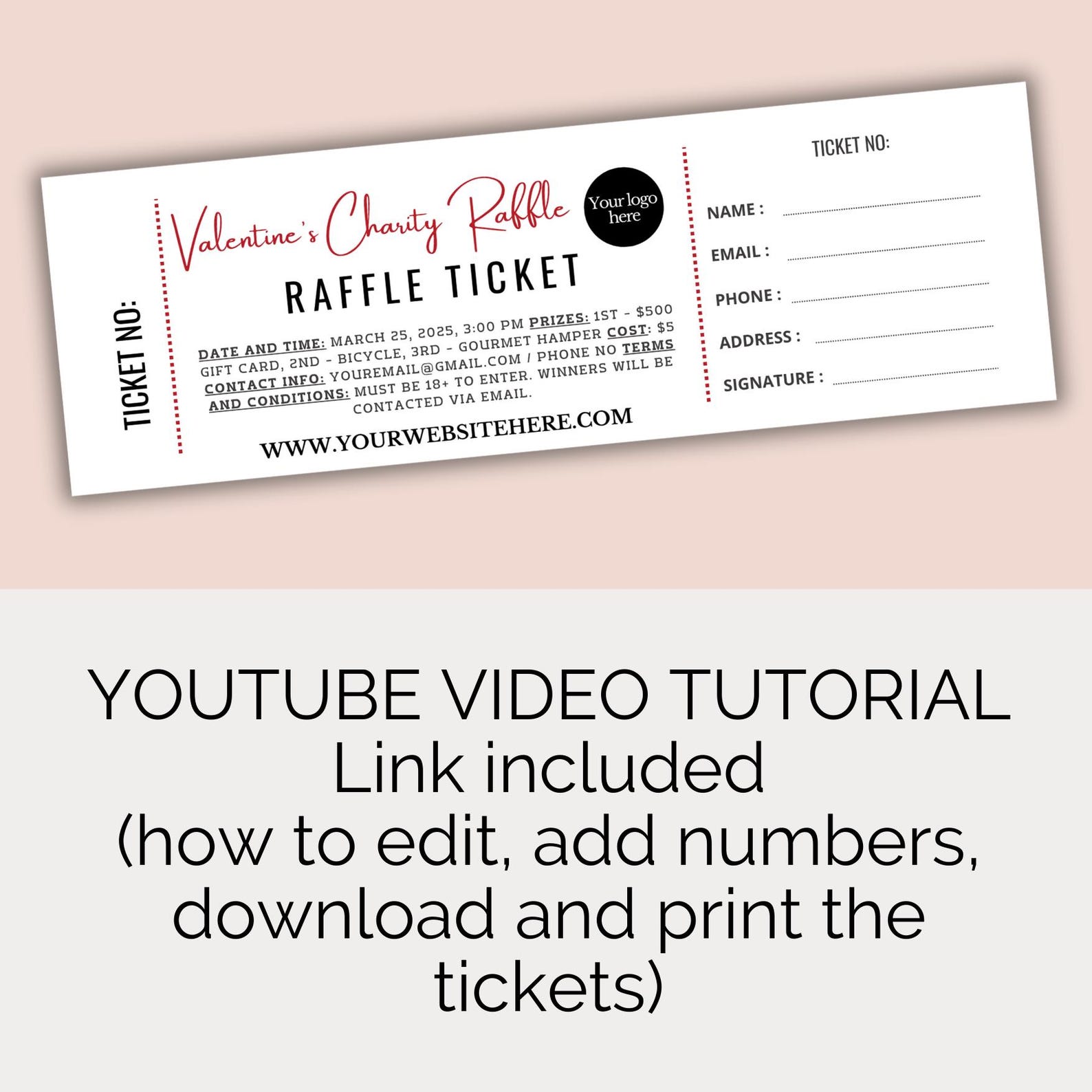 Editable Raffle Event Ticket Template, Raffle Ticket Form, Digital ...