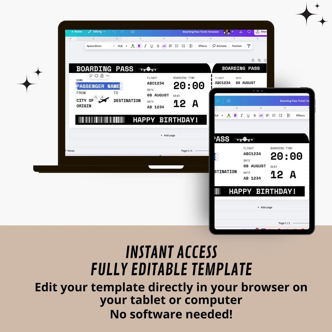 Printable Boarding Pass Airline Ticket, Flight Tickets, Editable Custom ...
