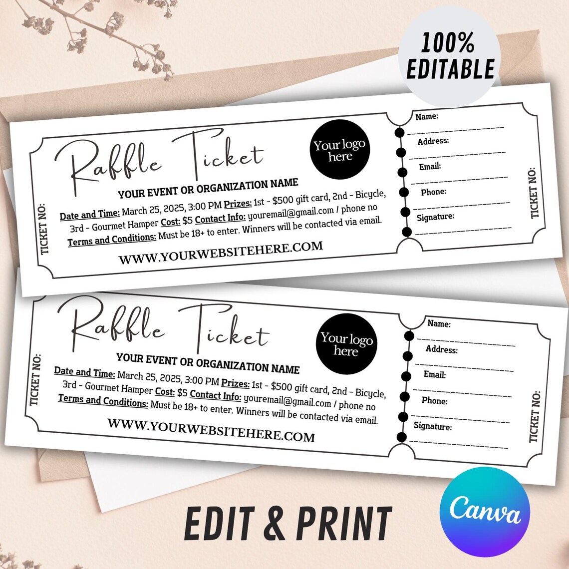 Editable Raffle Event Ticket Template, Raffle Ticket Form, Digital ...