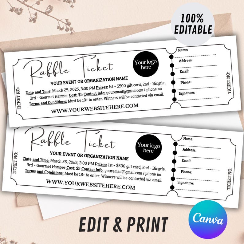 Custom Raffle Ticket Template, Editable Event Ticket, Printable ...