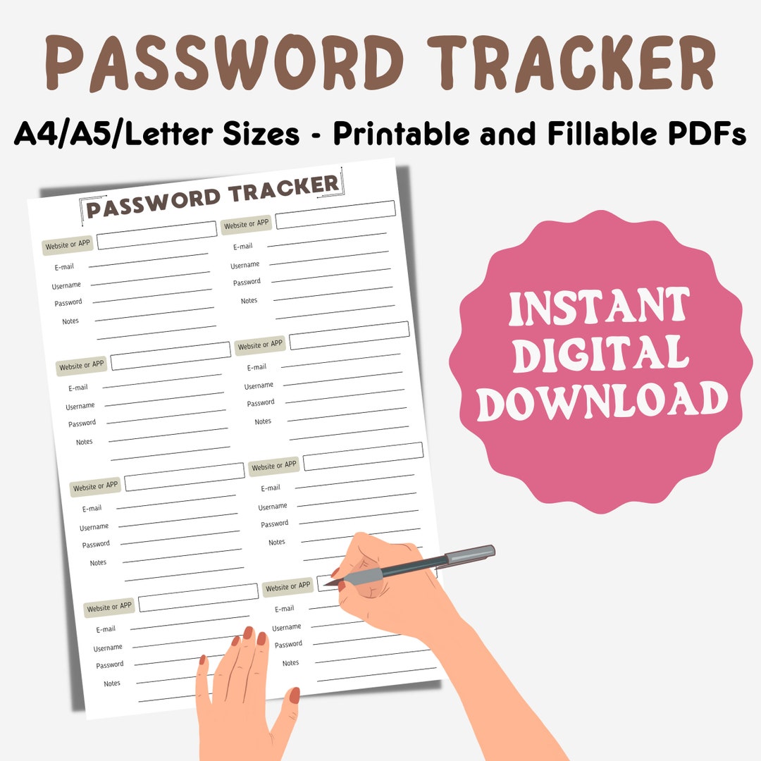 Password Tracker Printable & Fillable, Password Keeper, Password ...